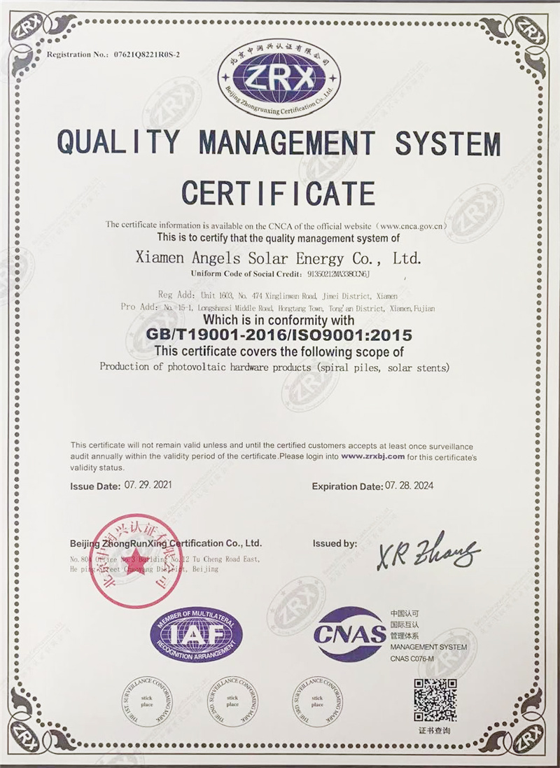 Angels Solar through the ISO 9001 international quality system certification
